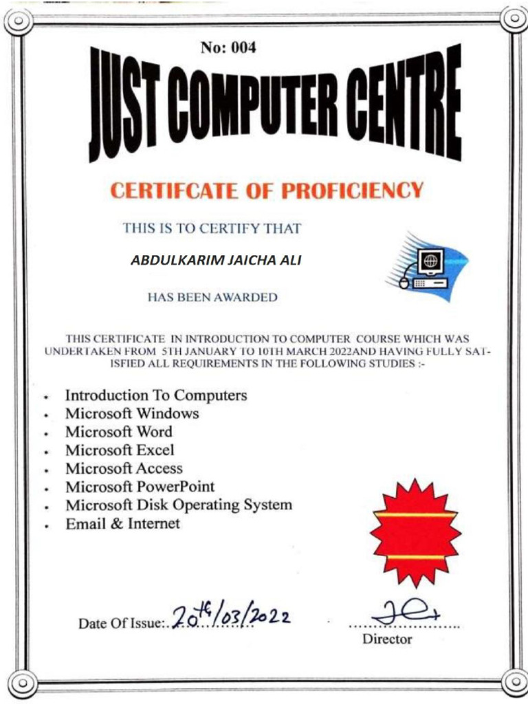 Abdulkarim Computer Cert | PDF