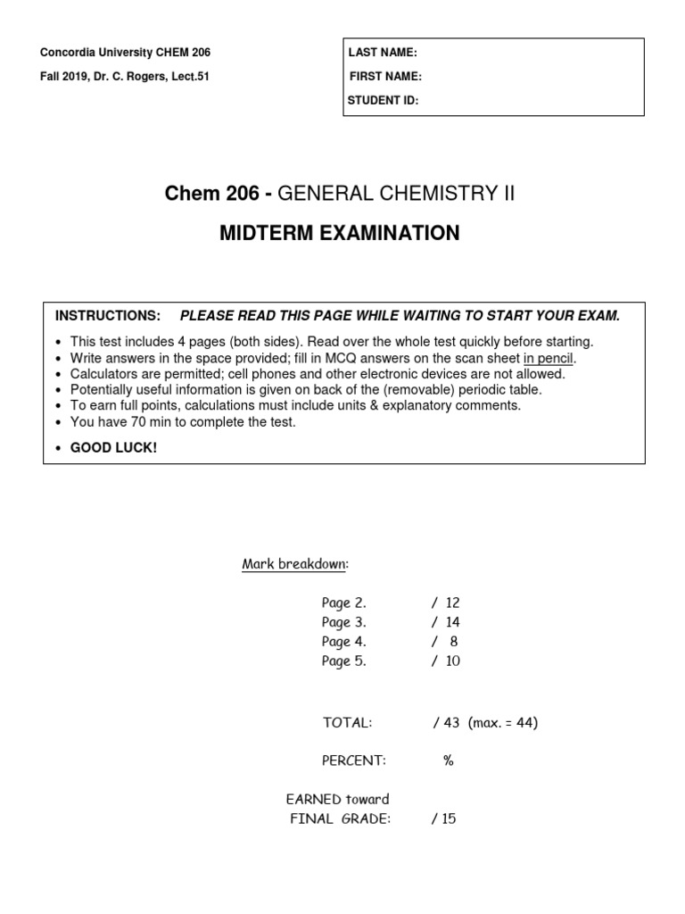 206 Midterm CWR F2019 51 | PDF | Chemical Reactions | Water
