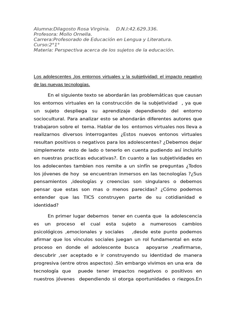 Los Adolescentes, Los Entornos Virtuales y La Subjetividad: El Impacto ...