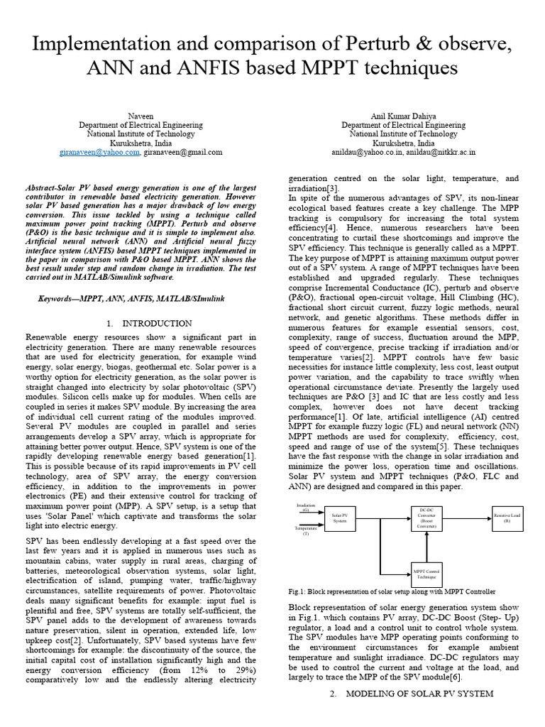 Implementation and Comparison of Perturb & Observe | PDF | Photovoltaics | Electronics