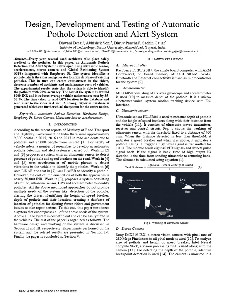 Design Development And Testing Of Automatic Pothole Detection And Alert System Pdf