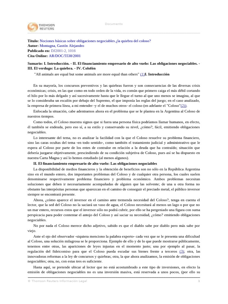 Montagna - Nociones Básicas Sobre Obligaciones Negociables La Quiebra Del Coloso | PDF | Bancarrota