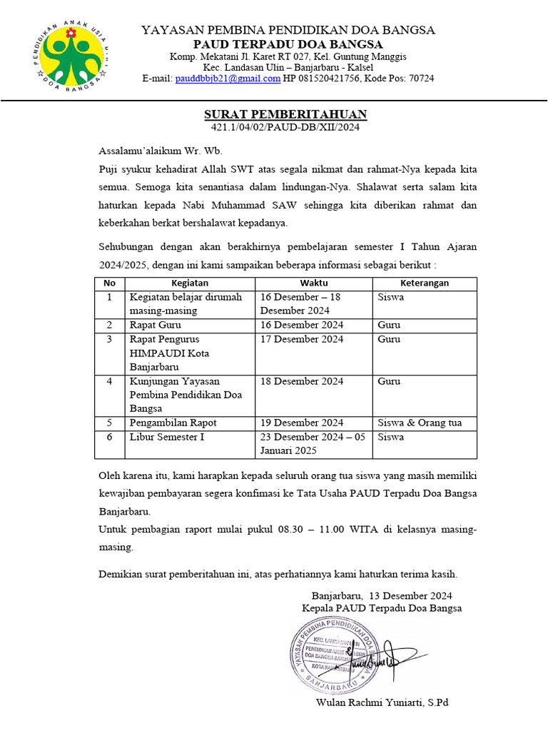 surat Pemberitahuan Libur | PDF