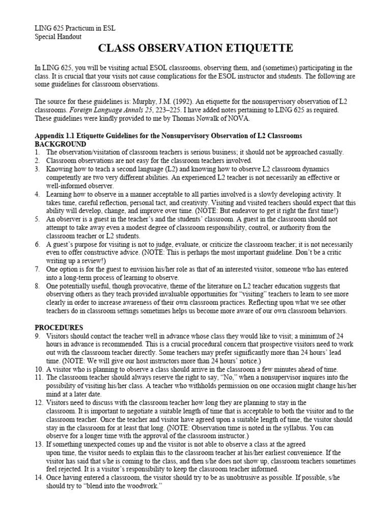 LING 625 Observation Etiquette | PDF | English As A Second Or Foreign Language | Teachers
