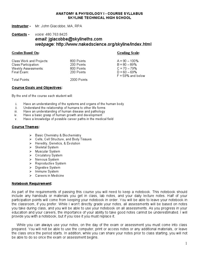 Anatomy and Physiology I Syllabus | PDF | Anatomy | Biology