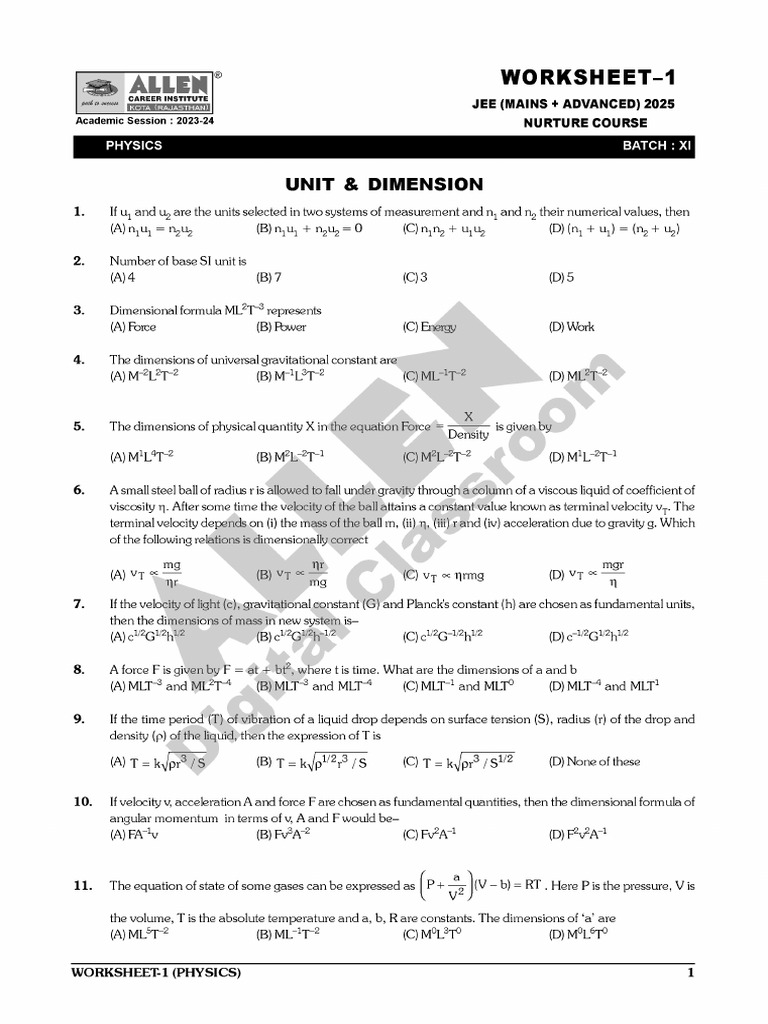 WS-1_Phy (Unit & Dim) SC | PDF