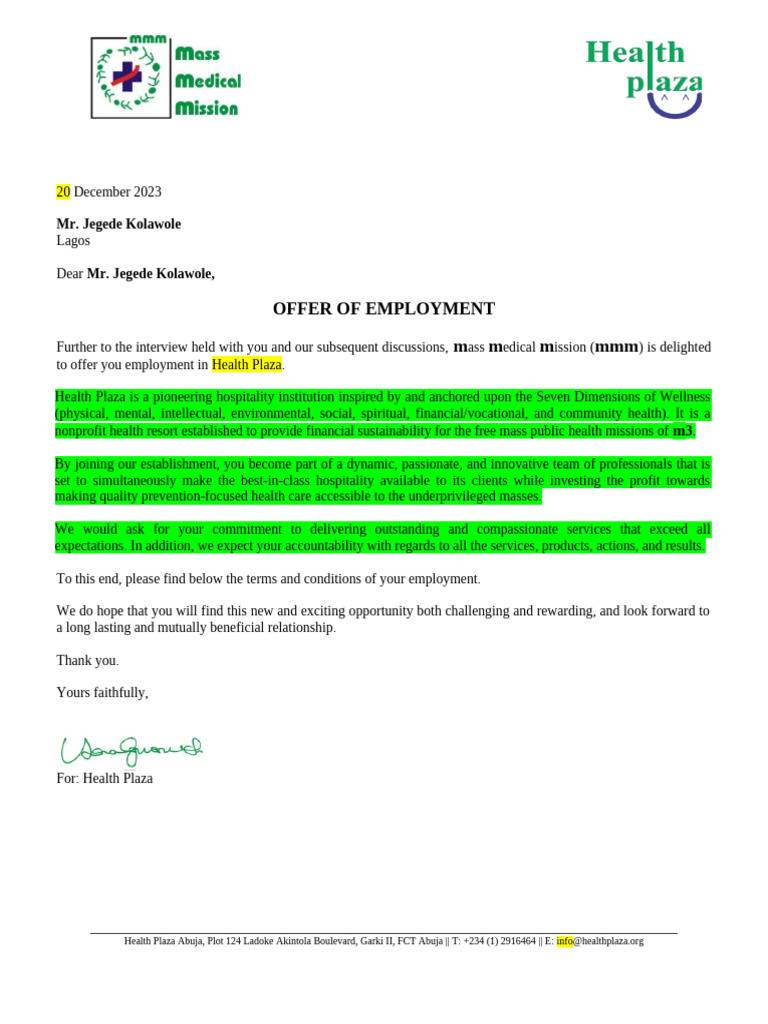 Offer of Employment - Jegede - Health Plaza - Edited (1) 2 | PDF ...