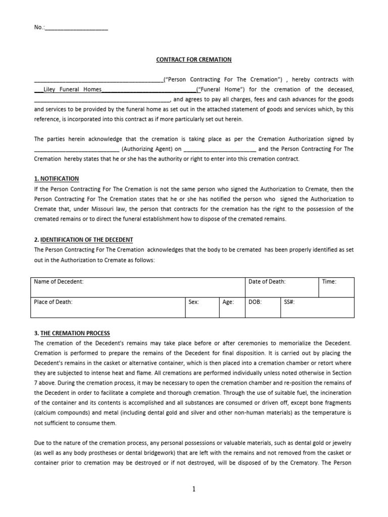 Cremation Contract Agreement Template | PDF | Cremation | Funeral