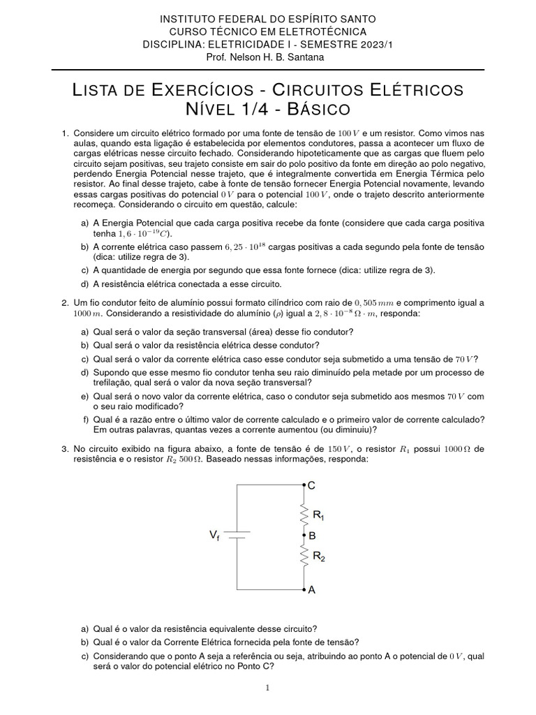 Lista de Exercícios - Circuitos Básica | PDF | Resistência elétrica e condutividade | Rede elétrica