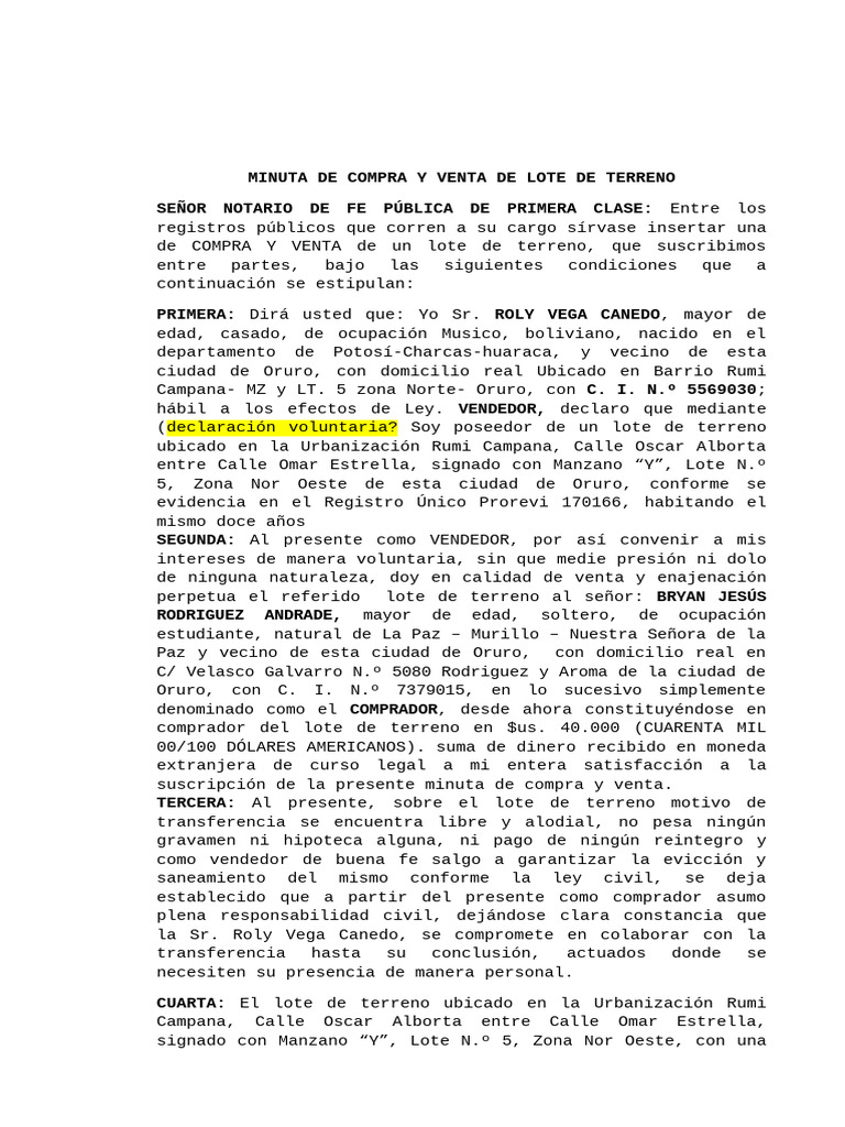 Minuta de Compra Venta Roly Vega | PDF