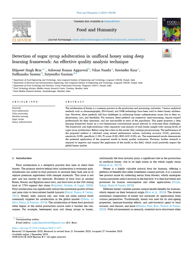 Detection of Sugar Syrup Adulteration in Unifloral Honey Using Deep Learning | PDF | Receiver ...