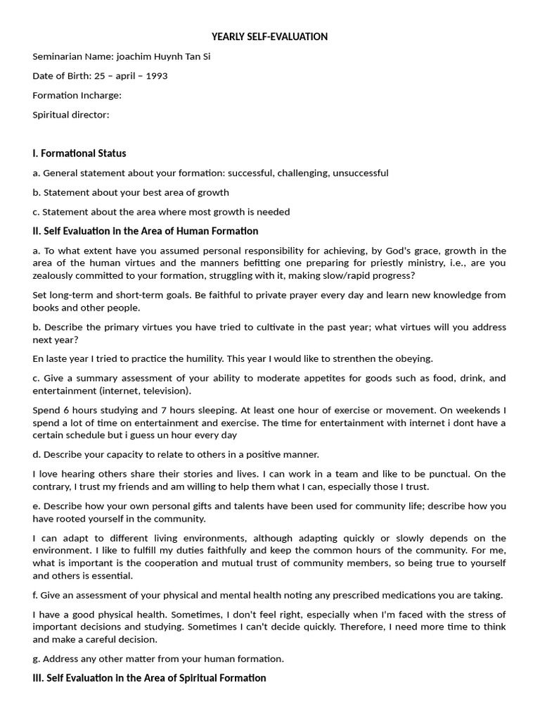 Yearly Self-Evaluation | PDF | Mass (Liturgy) | Prayer