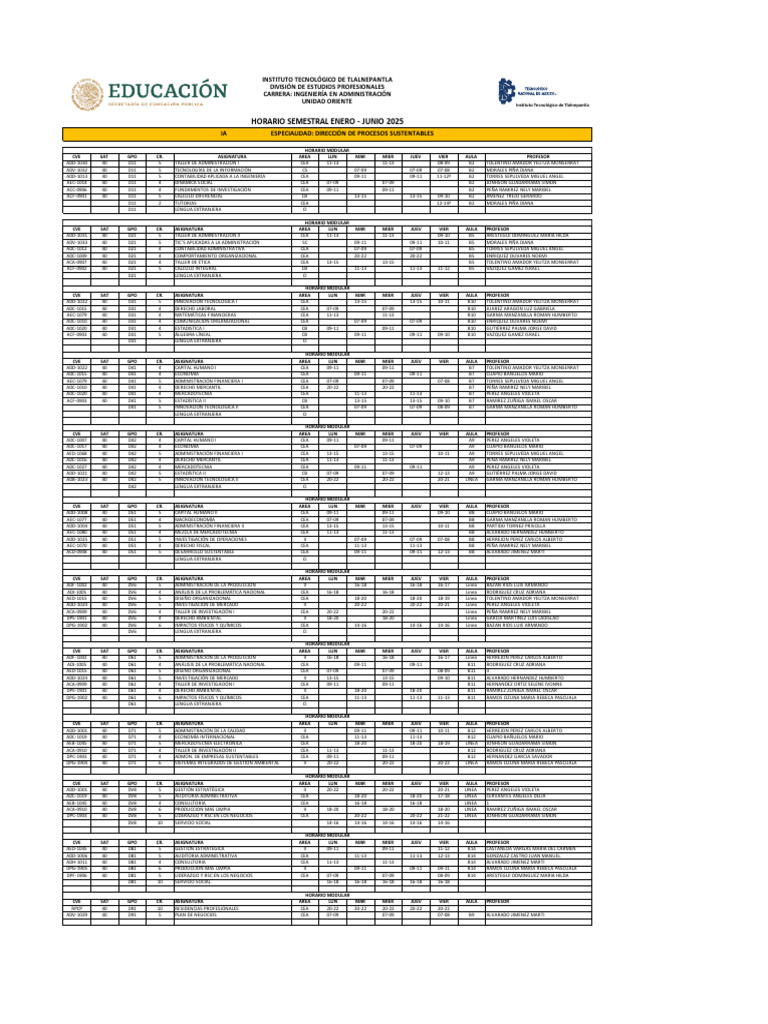 Horario Modular Ingeniería Administración 2025 Pdf Negocios