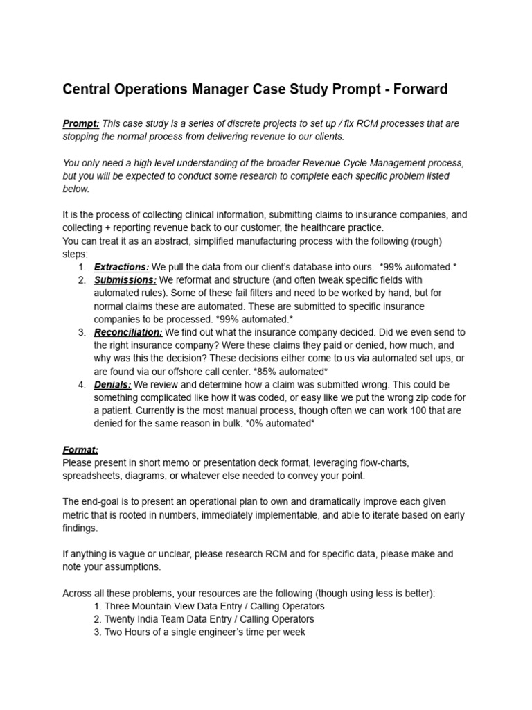 Central Operations Manager RCM Case Study | PDF | Electronic Health ...