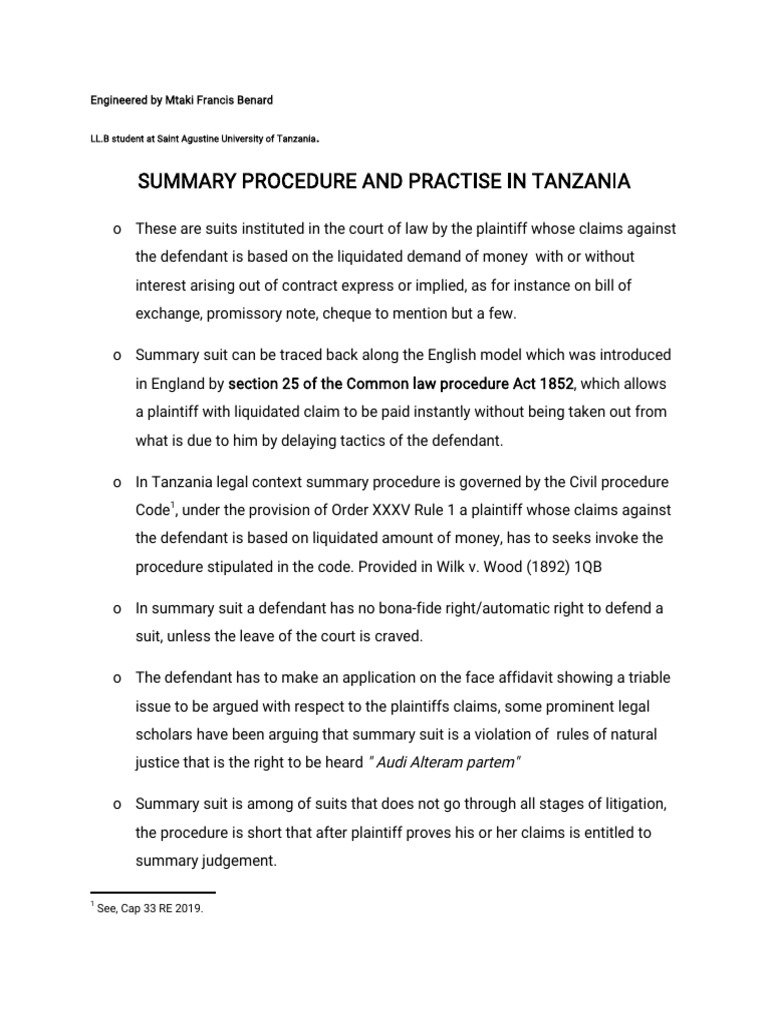 Summary Procedure and Practise in Tanzania | PDF | Lawsuit | Summary ...