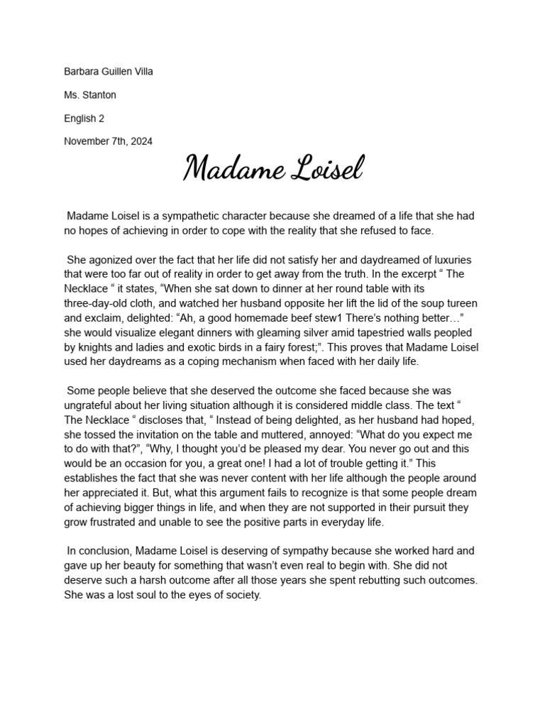 Sympathy for Madame Loisel's Struggles | PDF