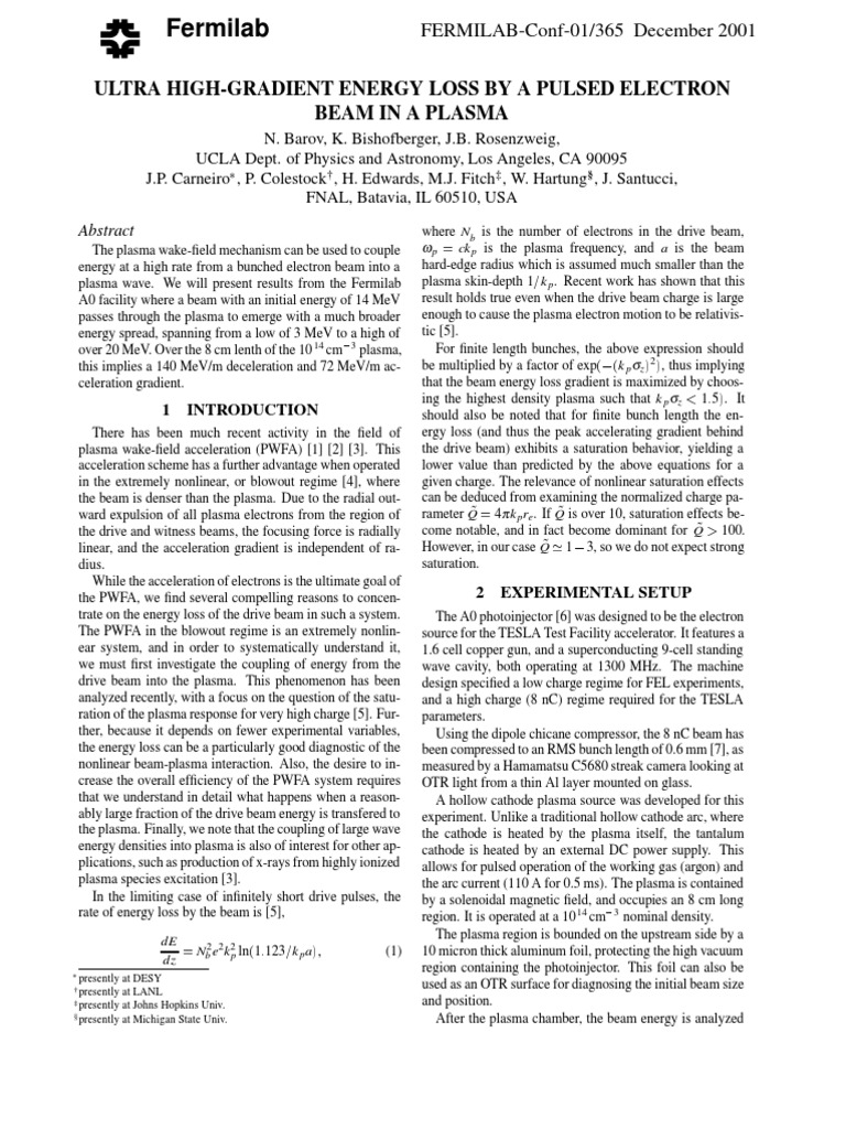 N. Barov Et Al - Ultra High-Gradient Energy Loss by A Pulsed Electron Beam in A Plasma | PDF ...