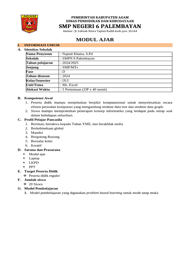 Modul Ajar Ms - Excel Kelas IX | PDF