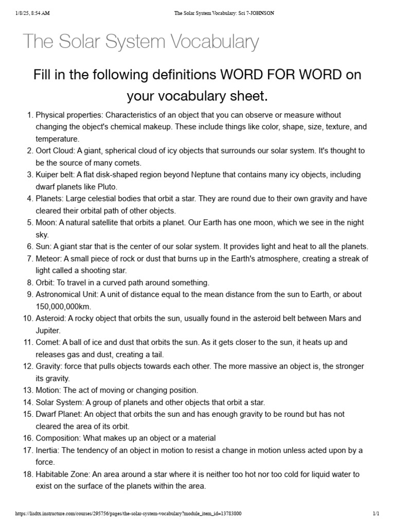 The Solar System Vocabulary - Sci 7-JOHNSON | PDF | Solar System | Planets