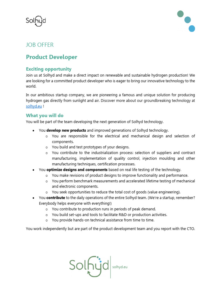 Product Developer Job at Solhyd | PDF | Engineering | Business