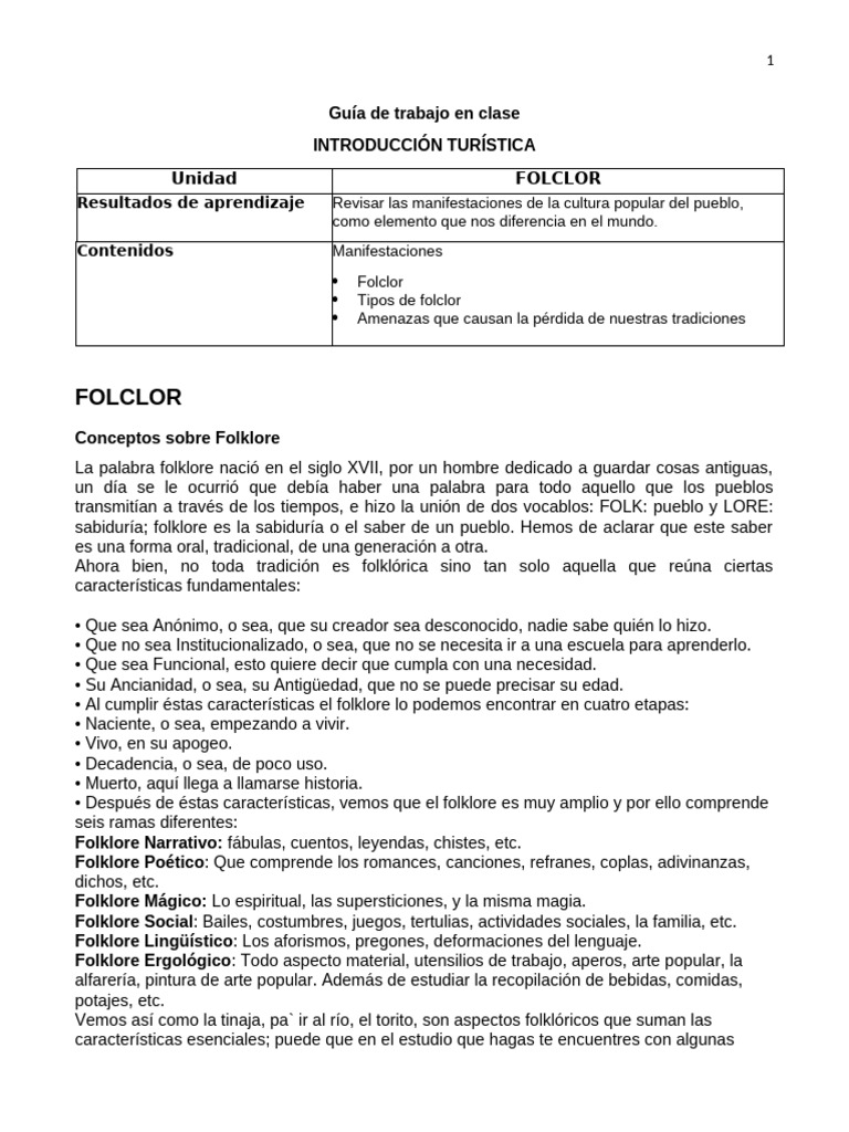 Guía de Trabajo en Clase - Introducción Turística - Folclor | PDF | Folklore | Ritmo