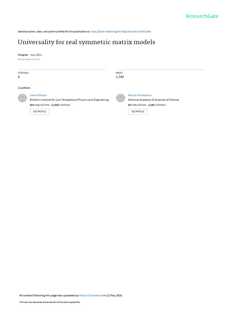 Universality For Real Symmetric Matrix Models | PDF | Matrix (Mathematics) | Eigenvalues And ...