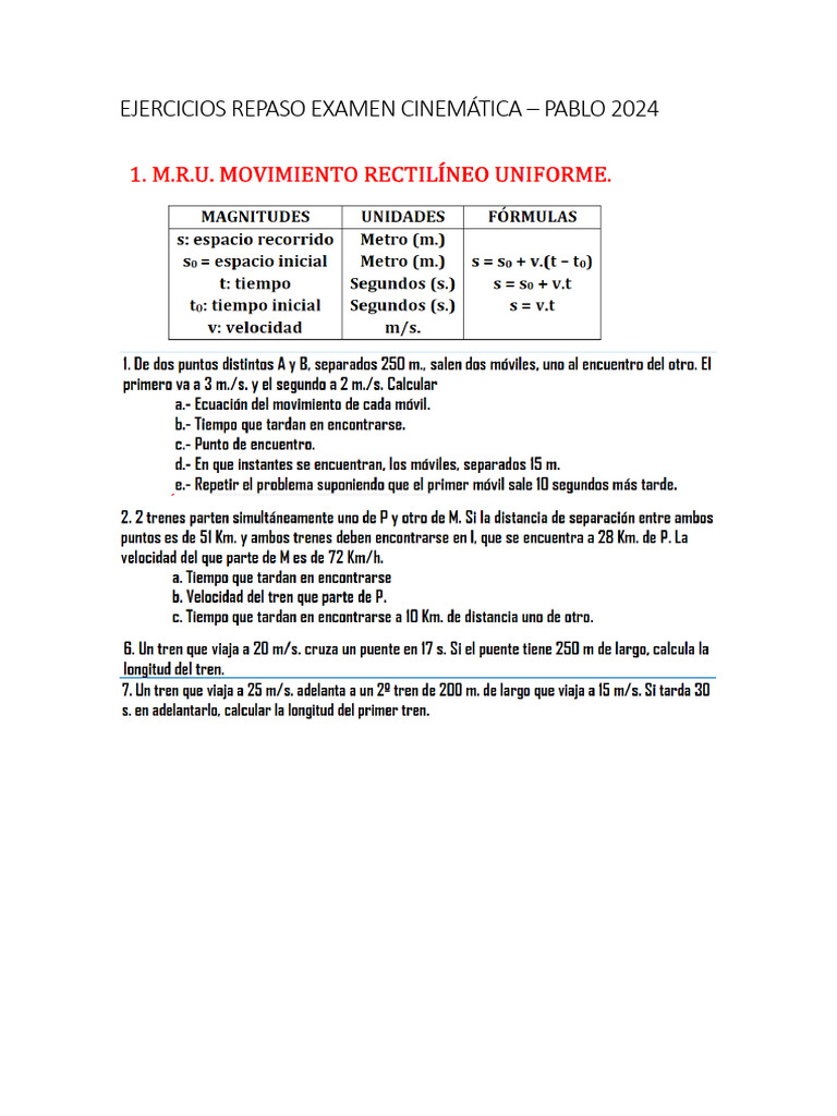 Ejercicios Repaso Examen Cinemática | PDF