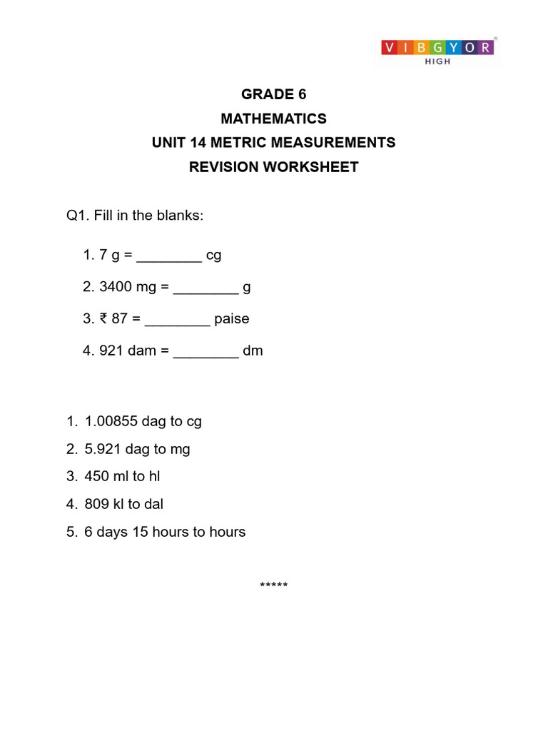 Grade 6 Metric Measurements Worksheet | PDF