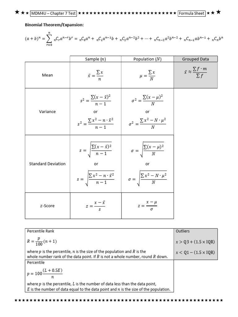 MDM4U - Chapter 7 Formula Sheet | PDF | Normal Distribution ...