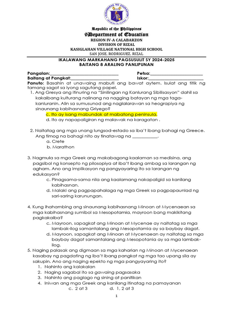 Ap8 Tos 2ND PT 24 25 1 | PDF