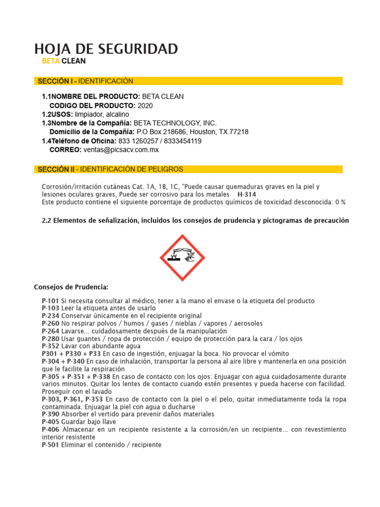 Hoja de Seguridad de Beta Clean | PDF | Residuos | Agua