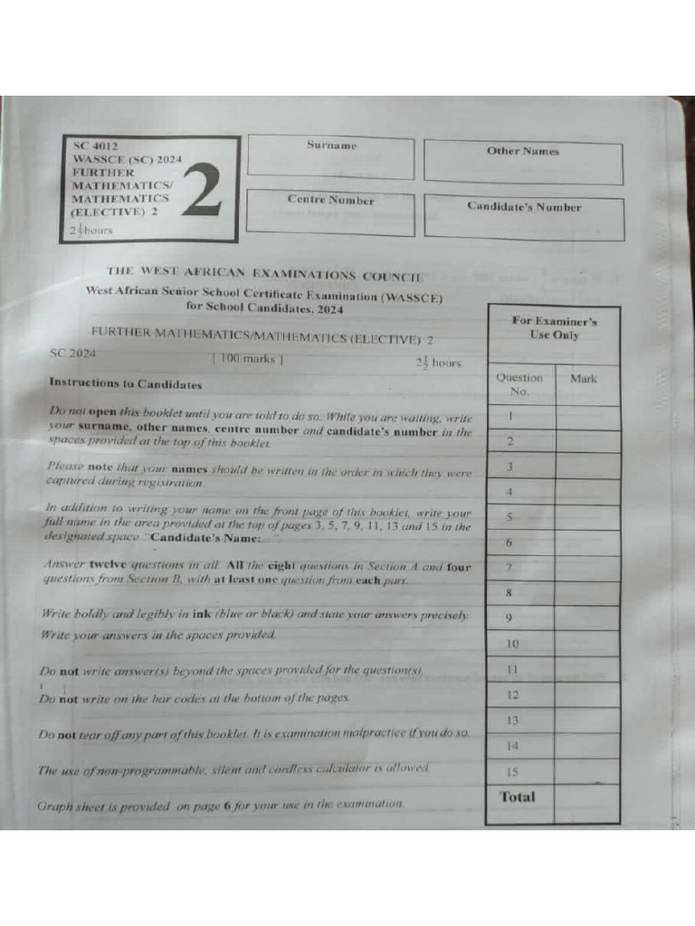 SC4012 Furthermathematics Wassce 2024 | PDF