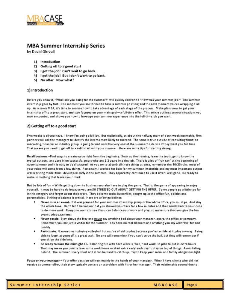 MBACASE Summer Internship Series | PDF | Internship | Job Hunting