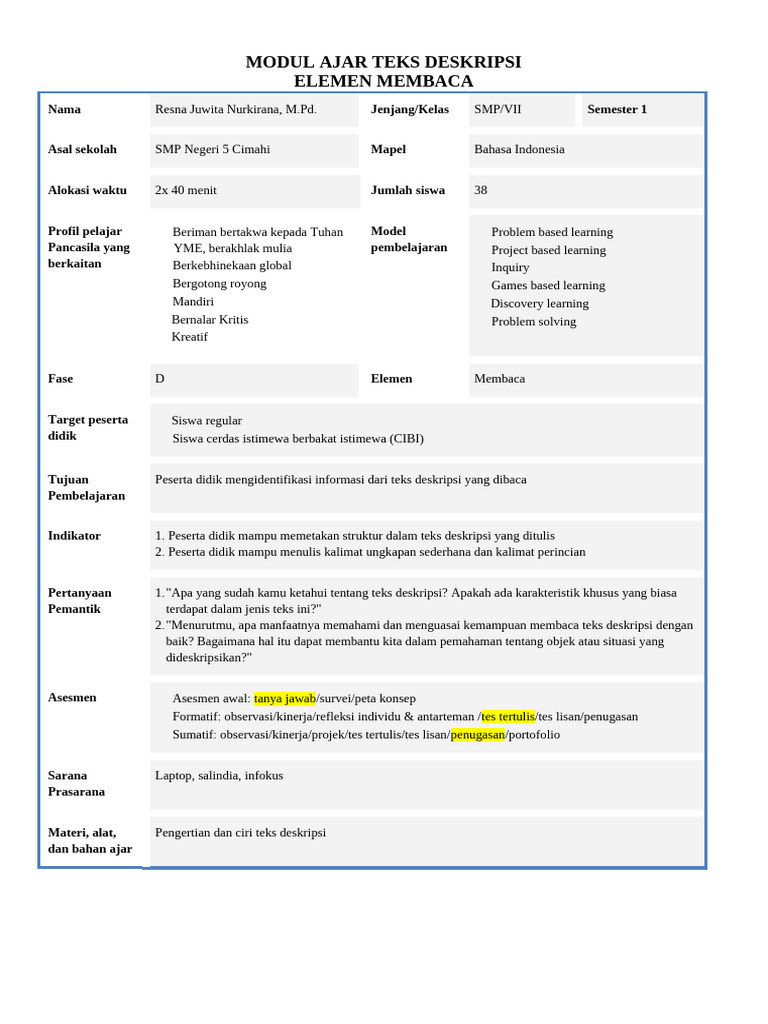 Modul Ajar Teks Deskripsi Elemen Membaca | PDF