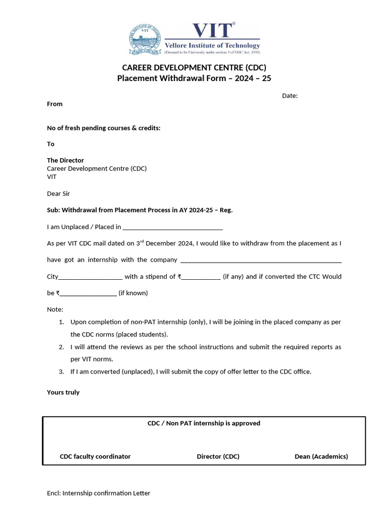 VIT Placement Withdrawal Form 2024-25 | PDF