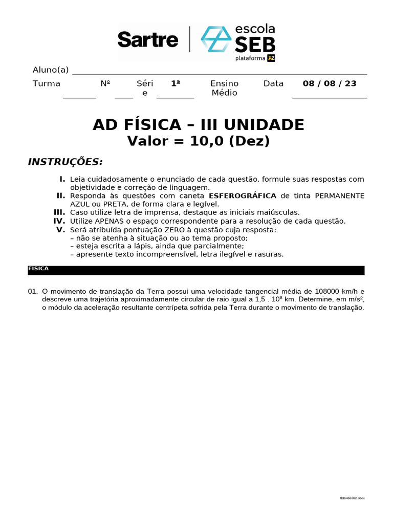 ADFis 1%C2%BA Ano Mat.(08 08) Comentada.doc | PDF | Massa | Torque