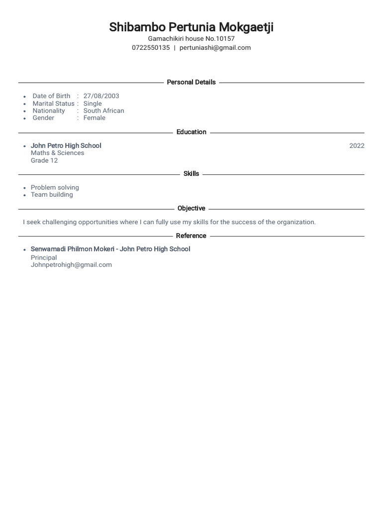 Shibambo Pertunia Mokgaetji: John Petro High School | PDF