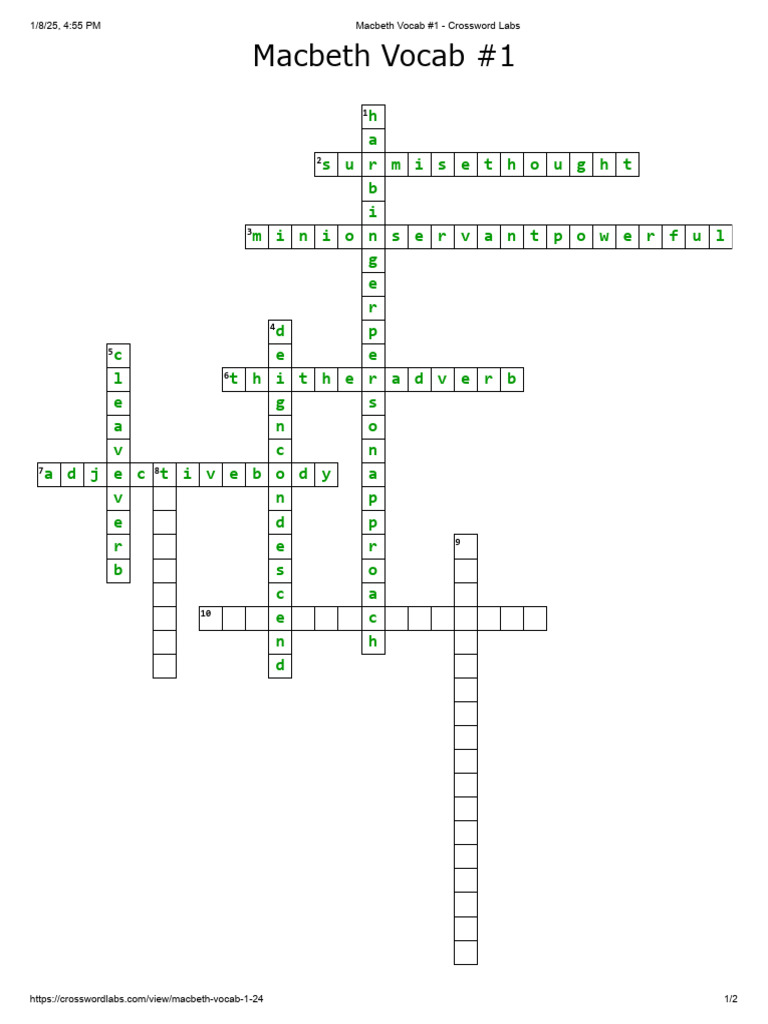 Macbeth Vocab #1 - Crossword Labs | PDF | Part Of Speech | Grammar
