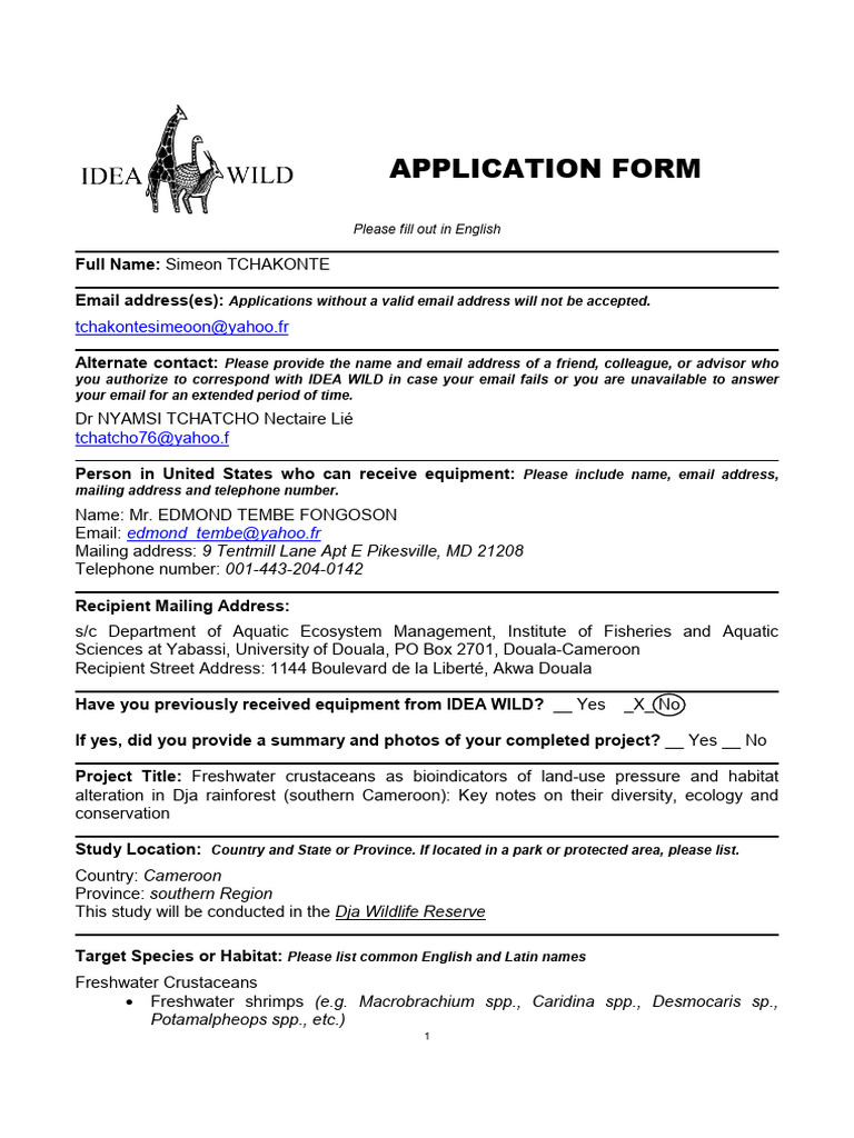 Application - Form - TCHAKONTE - IDEA WILD - 2020 | PDF | Riparian Zone ...