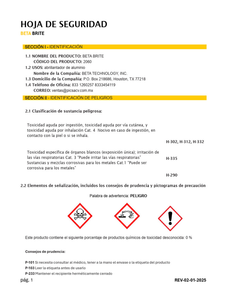 Hoja de Seguridad del Abrillantador BETA BRITE | PDF | Residuos | Reciclaje