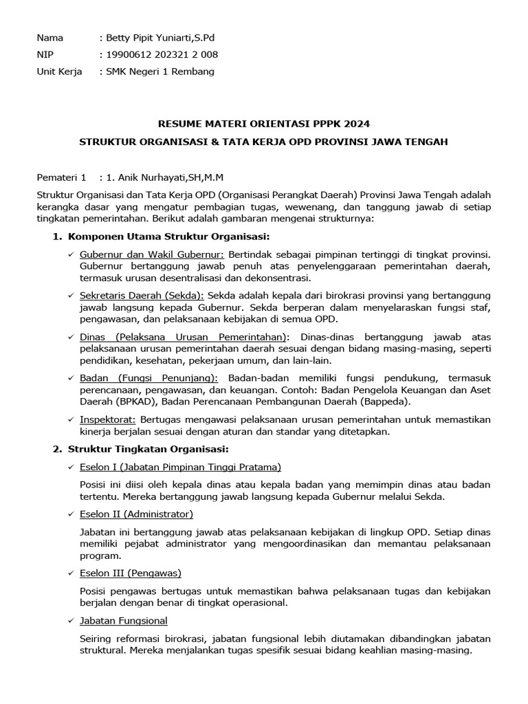 Tugas Resume 2 Struktur Organisasi Dan Tata Kerja OPD PEMPROV JATENG - Betty Pipit Yuniarti | PDF