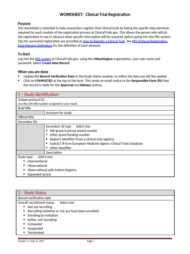 WORKSHEET-Clinical-Trial-Registration | PDF | Cohort Study | Clinical Trial