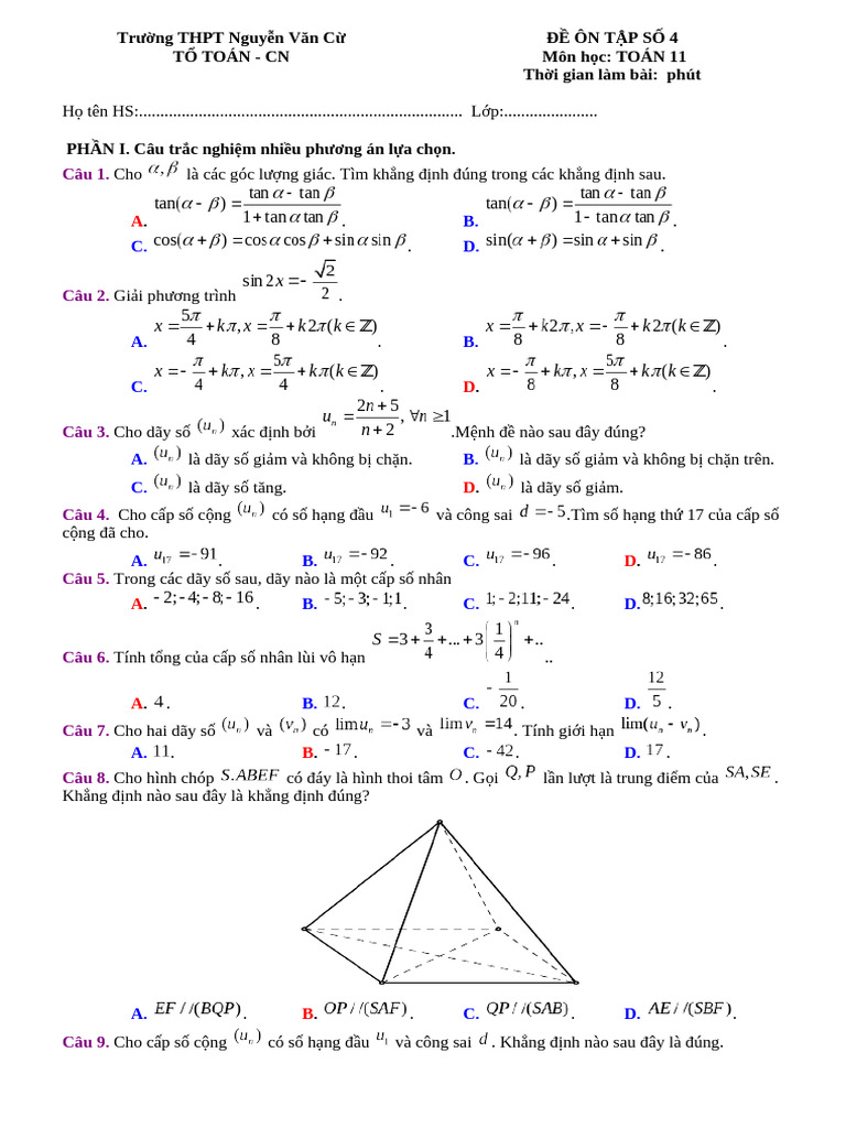 Đề ôn tập CK1 Toán 11_TRUNG | PDF