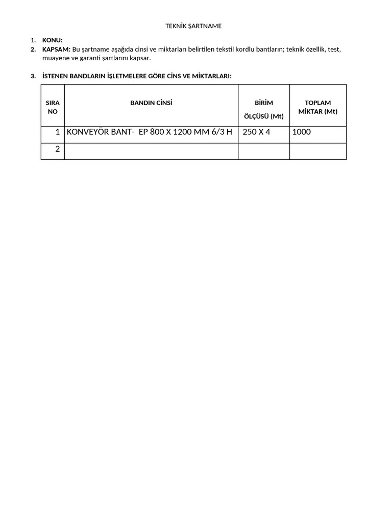 Konv Bant Tekni̇k Şartname | PDF
