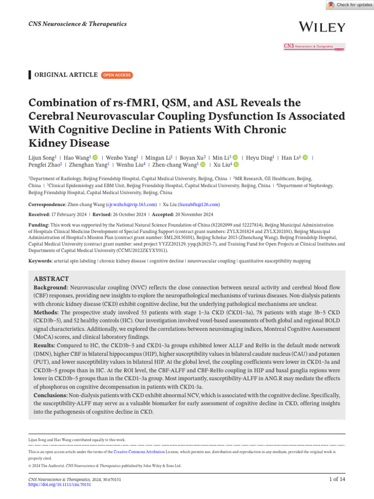 CNS Neuroscience Therapeutics - 2024 - Song - Combination of Rs fMRI QSM and ASL Reveals The ...