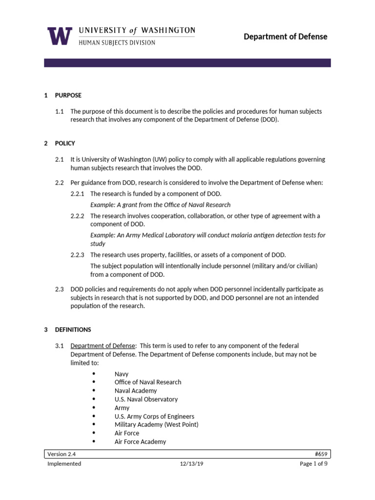 SOP Department of Defense v2.4 2019.12.13 | PDF | Institutional Review ...