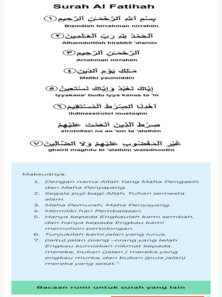 Surah Fatihah (Panduan Rumi Dan Terjemahan) - Aku Muslim | PDF