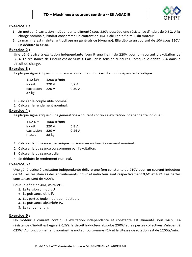 TD Machines à Courant Continu - ISI Agadir | PDF | Puissance (physique ...