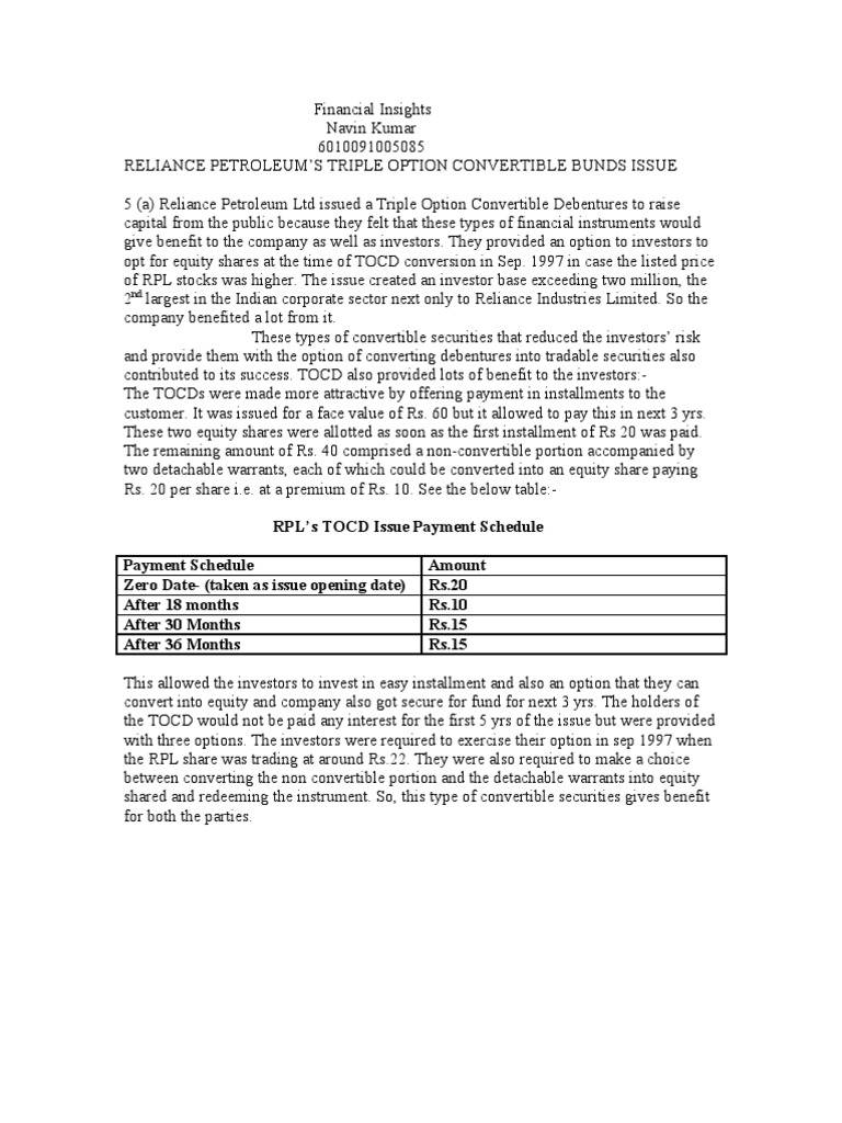 Reliance Petroleum's Triple Option Convertible Bonds Issue | PDF ...
