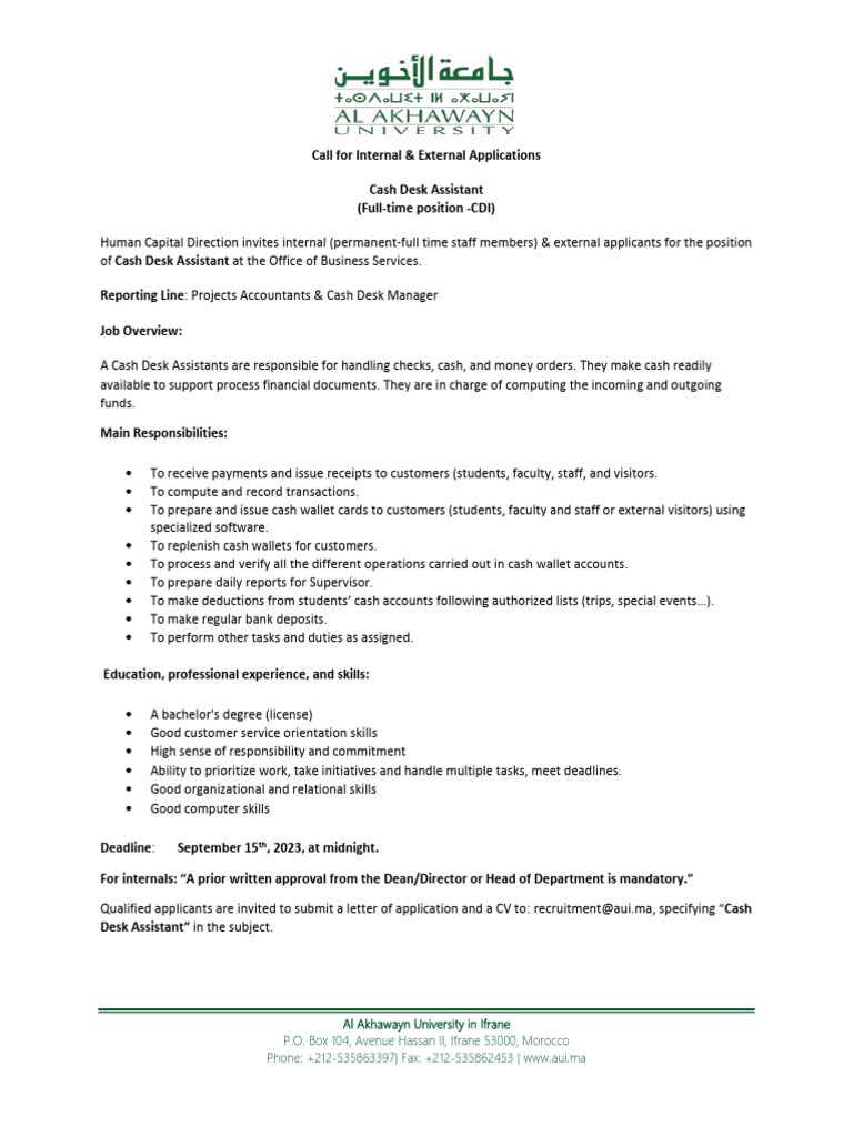 Cash Desk Assistant Position Available | PDF | Cash | Money